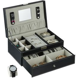 Schmuckaufbewahrung, große Schmuckschatulle mit Schublade, Ringe & Uhren, HxBxT: 13,5 x 31,5 x 20 cm, schwarz - Relaxdays