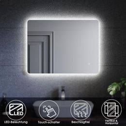 Badspiegel led beleuchtung 80x60cm touch Badezimmerspiegel mit Beschlagfrei,IP44 wandspiegel bad mit PVC-Rückwand