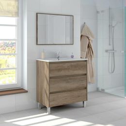 Dmora - Unterschrank Dgadd, Badezimmerschrank, Kleiderschrank mit 3 Schubladen und Spiegel, Waschbecken nicht enthalten, 80x45h86 cm, Eiche