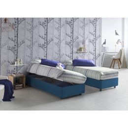 Einzelbett Dhol, Containerbett mit Stoffbespannung, 100% Made in Italy, Seitliche Öffnung, passend für Matratze 80x190 cm, Blau - Dmora