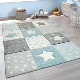 Kinder Teppich Blau Grau Pastellfarben Karo Muster Sterne Punkte 3-D Design 133 cm Quadrat - Paco Home