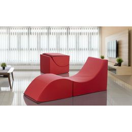 Klappbett Dabaz, Puff umwandelbar in Einzelbett, 100% Made in Italy, Puff, umwandelbar in eine Chaiselongue aus Kunstleder, Cm 130x50h50, Rot - Dmora