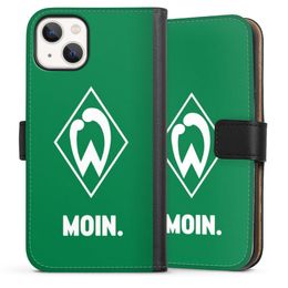 DeinDesign iPhone 13 Handy Klapph&uuml;lle Handyh&uuml;lle aus Kunst Leder schwarz Flip Case Moin Official Licensed Product Sv Werder Bremen Sideflip mit Lasche