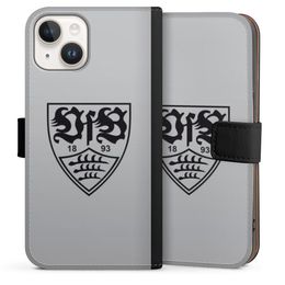 DeinDesign iPhone 14 Handy Klapph&uuml;lle Handyh&uuml;lle aus Kunst Leder schwarz Flip Case Logo Official Licensed Product Vfb Stuttgart Sideflip mit Lasche