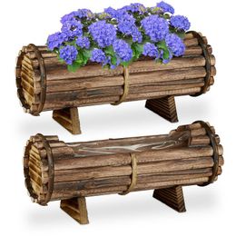 Blumenkasten Holz, 2er Set Pflanzkasten, hbt: 18 x 40 x 14 cm, draußen & drinnen, Pflanzfass mit Folie, braun - Relaxdays