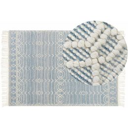 Beliani Teppich Blau u. Weiß aus Wolle 160 x 230 cm Rechteckig Kurzflor mit Geometrischem Muster Fransen für Wohnzimmer Schlafzimmer Flur - Blau