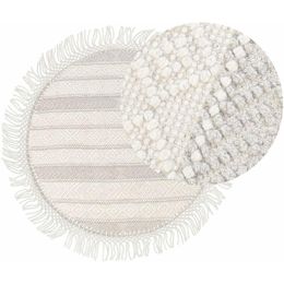 Beliani - Teppich Beige aus Wolle ⌀ 140 cm Rund mit Muster Fransen im Boho Stil für Wohnzimmer Schlafzimmer Flur - Beige