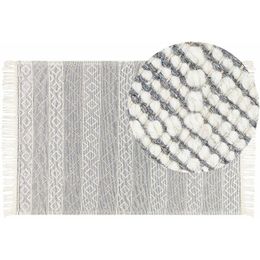 Beliani Teppich Grau u. Weiß aus Wolle 160 x 230 cm Rechteckig Kurzflor mit Geometrischem Muster Fransen für Wohnzimmer Schlafzimmer Flur - Grau