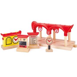 HAPE Spielzeugeisenbahn-Gebäude Bahnhof mit Aufnahmefunktion, (Set, 5-tlg), aus Holz, bunt