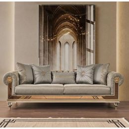 JVmoebel 3-Sitzer Dreisitzer Couch Sofa Sitzer Grau Stoff Stoffsofa Klassisch Holz Gold
