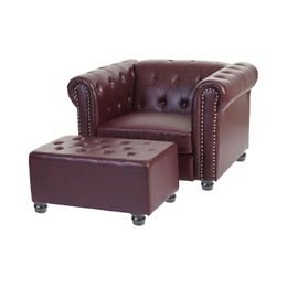 MCW Luxus Sessel Loungesessel Relaxsessel Chesterfield Kunstleder ~ runde Füße, rot-braun mit Ottomane