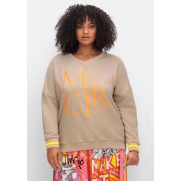 sheego loves miss goodlife Große Größen: Sweatshirt mit Frontdruck und Ringelbündchen, beigefarben bedruckt, Gr.50