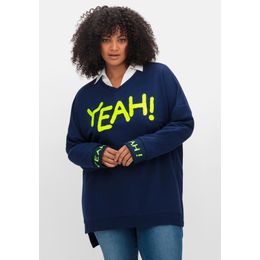 sheego loves miss goodlife Große Größen: Oversize-Sweatshirt mit Statement-Frontdruck, dunkelblau bedruckt, Gr.42