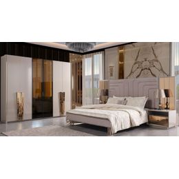 JVmoebel Schlafzimmer-Set Schlafzimmer Doppelbett Bett Garnitur Set 4tlg Beige Holz Nachttisch