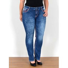 ESRA Straight-Jeans FG12 Straight Fit Jeans Damen High Waist Hose Kontrastnähte bis Plus Size