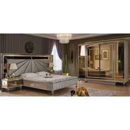 JVmoebel Schlafzimmer-Set Kleiderschrank Doppelbett Schlafzimmer Grau Nachttische Holz Set 4tlg