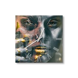 DEQORI Wanduhr 'Frau mit Gold im Gesicht' (Glas Glasuhr modern Wand Uhr Design Küchenuhr)