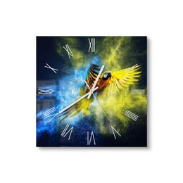 DEQORI Wanduhr 'Papagei in Farbwolke' (Glas Glasuhr modern Wand Uhr Design Küchenuhr)