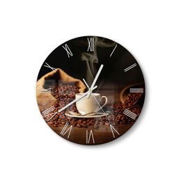 DEQORI Wanduhr 'Kaffeetasse mit Bohnen' (Glas Glasuhr modern Wand Uhr Design Küchenuhr)