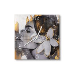 DEQORI Wanduhr 'Frau mit Blüte im Haar' (Glas Glasuhr modern Wand Uhr Design Küchenuhr)