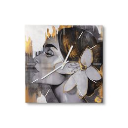 DEQORI Wanduhr 'Frau mit Blüte im Haar' (Glas Glasuhr modern Wand Uhr Design Küchenuhr)