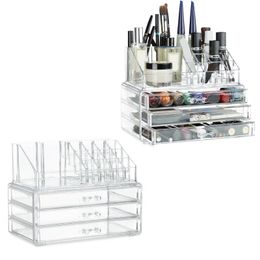 Relaxdays 2 x Make Up Organizer klein, 2-teilige Schminkaufbewahrung mit Schubladen, stapelbares Kosmetikregal, transparent