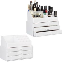 Relaxdays 2 x Make Up Organizer klein, 2-teilige Schminkaufbewahrung mit 3 Schubladen, stapelbares Kosmetikregal, weiß