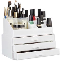 Make Up Organizer klein, 2-teilige Schminkaufbewahrung mit 3 Schubladen, stapelbares Kosmetikregal, weiß - Relaxdays