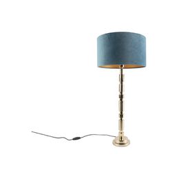 Qazqa Art Deco Tischlampe Gold Samtschirm Blau 35 cm - Torre - Blau