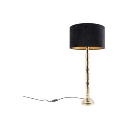 Qazqa Art Deco Tischlampe Gold mit Veloursschirm schwarz 35 cm - Torre - Schwarz
