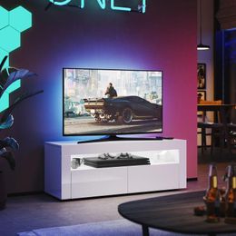 Tv Lowboard Weiß Hochglanz mit 12 led Farben Beleuchtung,Eine offene Ablage und 2 Schranktüren, 120x40x45cm - Sonni