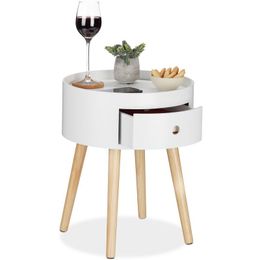 Beistelltisch rund, Schublade, Holzbeine, skandinavisches Design, minimalistisch, HxD 46 x 38 cm, weiß/natur - Relaxdays