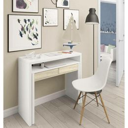Konsolentisch Damodi, Schreibtisch mit ausziehbarer Platte, PC-Schreibtisch mit 2 Schubladen, 99x36h88 cm, Weiß und Eiche - Dmora