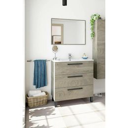 Dmora - Unterschrank Dlo, Badezimmerschrank, Kleiderschrank mit 3 Schubladen und Spiegel, Waschbecken nicht enthalten, 80x45h86 cm, Eiche