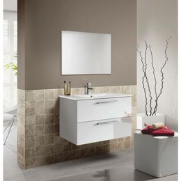 Dmora - Unterschrank Dfell, Abgehängter Badezimmerschrank, Kleiderschrank mit 2 Schubladen und Spiegel, 80x45h57 cm, Glänzend Weiß