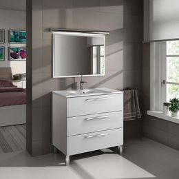 Dmora - Unterschrank Dlo, Badezimmerschrank, Kleiderschrank mit 3 Schubladen und Spiegel, Waschbecken nicht enthalten, 80x45h86 cm, Glänzend Weiß