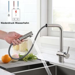 Auralum Niederdruck Küchenarmatur, ausziehbar Wasserhahn Küche, Einhebelmischer 360° Drehbar, Spültischarmatur Küche aus Edelstahl