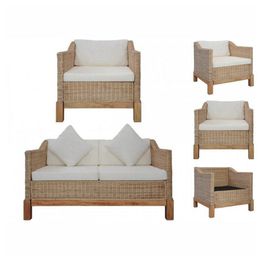 vidaXL Sofa 2-tlg Sofagarnitur mit Auflagen Natur Rattan Couch-Garnitur