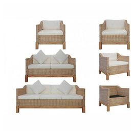 vidaXL Sofa 3-tlg Sofagarnitur mit Auflagen Natur Rattan Couch-Garnitur