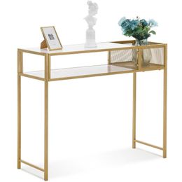 M Mcombo Konsolentisch Schmal Marmor Gold, Modern Beistelltisch mit 2 Ablage & Metallgestell, Eingangstisch für Flur Wohnzimmer Schlafzimmer,