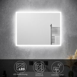 Badspiegel Badezimmerspiegel led Beleuchtung Kupfer/bleifreie Wandspiegel kaltweiß licht Wandschalter Energiesparender 80x60cm Vertikal/Horizontal