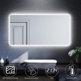 SONNI Badspiegel LED Touch Beleuchtung Uhr Beschlagfrei Badezimmerspiegel Temperatur Wandspiegel Spiegel 120x60cm Energiesparender IP44