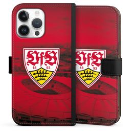 DeinDesign iPhone 14 Pro Max Handy Klapph&uuml;lle Handyh&uuml;lle aus Kunst Leder schwarz Flip Case Vfb Stuttgart Official Licensed Product Stadium Sideflip mit Lasche