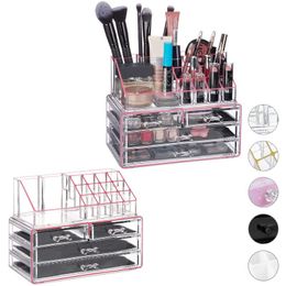 Relaxdays 2 x Make Up Organizer Acryl, 2-teilige Schminkaufbewahrung mit Lippenstifthalter & je 4 Schubladen, transparent/pink