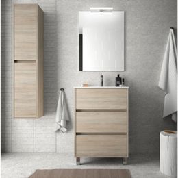 CAESAROO Badezimmer Badmöbel auf dem boden 60 cm aus braunem Holz Caledonia mit Porzellan Waschtisch mit spiegel und led Lampe
