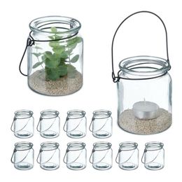 Windlicht Glas, 12er Set, Teelichthalter mit Henkel, HxD: 9,5 x 8 cm, runde Kerzengläser, transparent/schwarz - Relaxdays