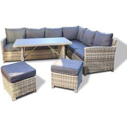 Home Deluxe - Polyrattan Sitzgruppe BAHIA- inkl. Hocker, Tisch mit Glasplatte und Sitzpolster I Loungemöbel, Outdoor Sofa, Garten- & Balkonmöbel