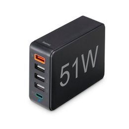 Hama 5in1 USB-Ladestation 51 W, USB + USB-C Adapter 5 Port Schnellladegerät USB-Ladegerät, schwarz