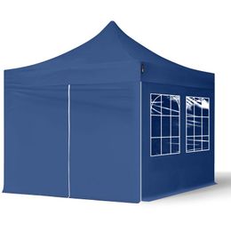 3x3 m Faltpavillon, ECONOMY Stahl 30mm, Seitenteile mit Sprossenfenstern, blau - blau