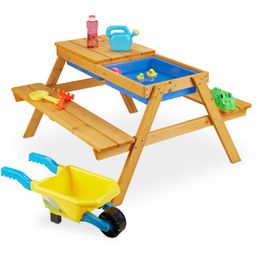 Kindersitzgruppe Holz, 2in1 Spieltisch & Matschküche, Picknicktisch für Garten, HxBxT: 49 x 90 x 85 cm, natur - Relaxdays